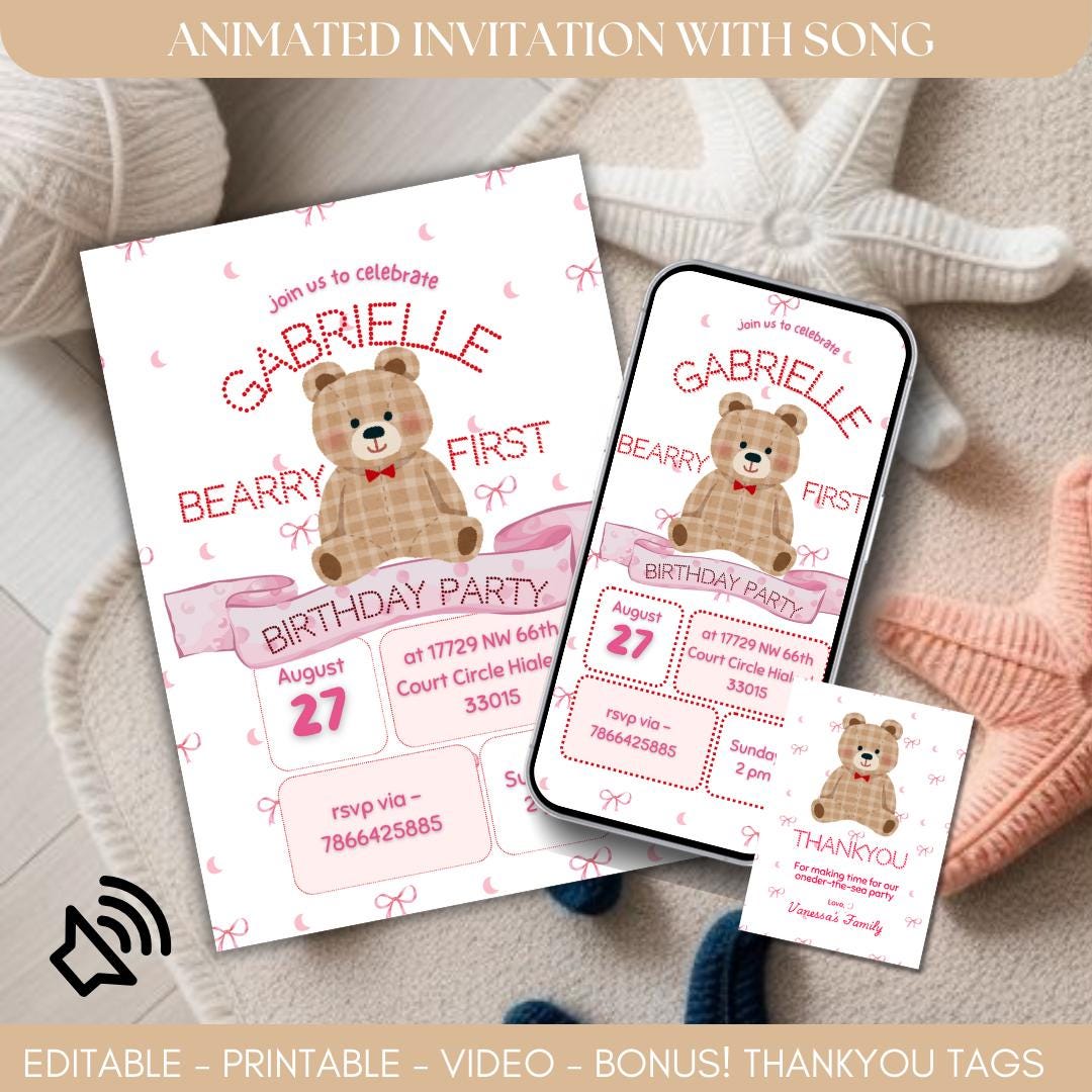 Editable Bear Birthday Invite Party Baby Turns One Beary First Card ...