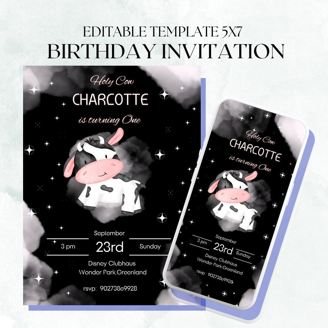 DIY Editable Holy Cow Invitation for Birthday Party, Card 5x7 Inch ...