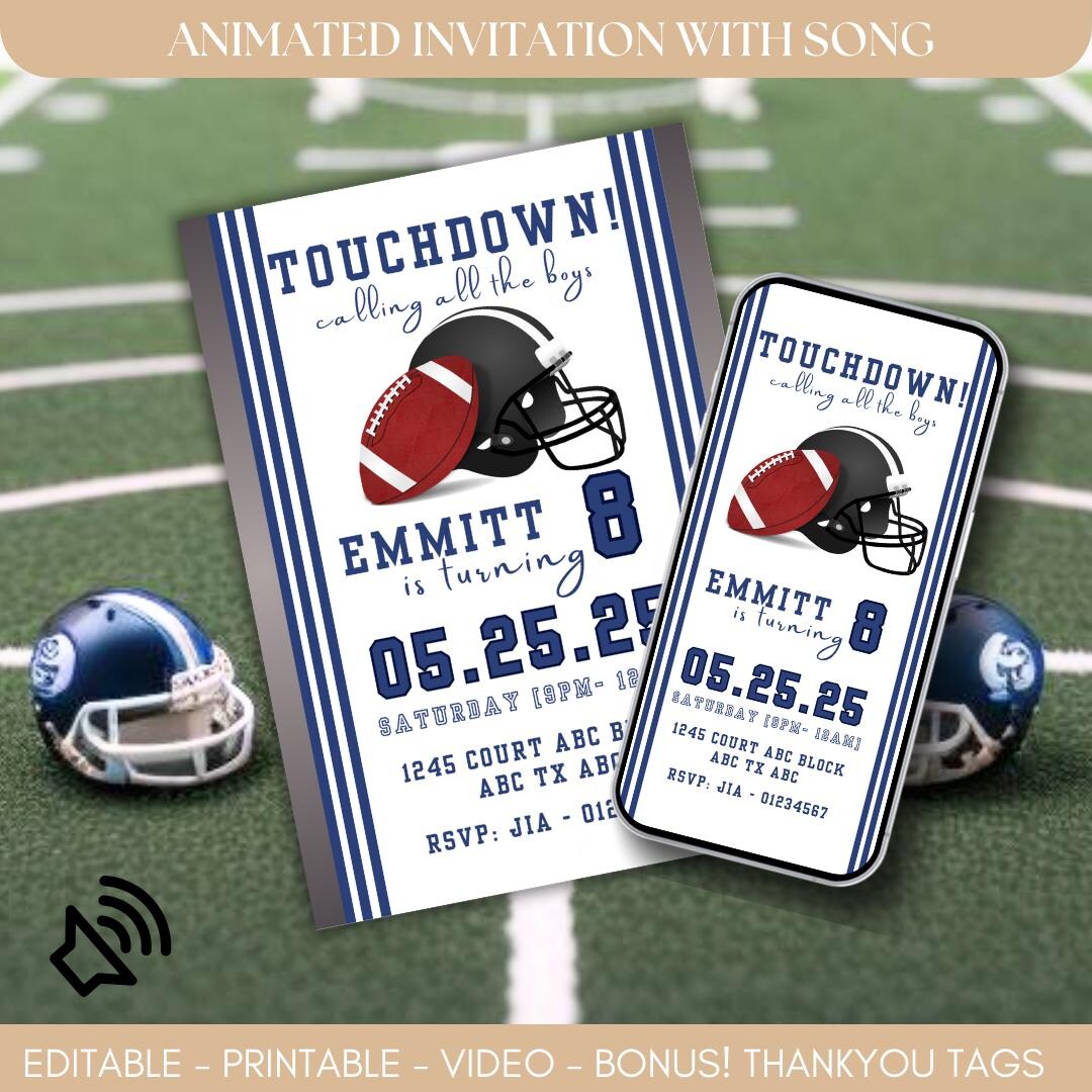 Touchdown Invitation Football Birthday Editable Invites Printable Card ...