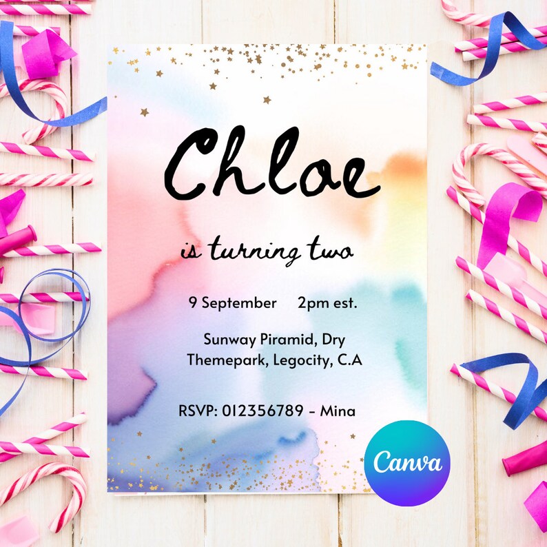 Watercolor Editable Preschool Invitation, Splash Party Invitation, 3rd ...