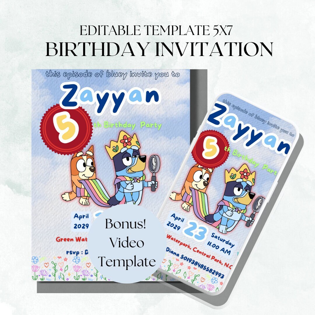 Bluey Editable Invitation, Personalized Boy Birthday Card, 5x7 Card and ...
