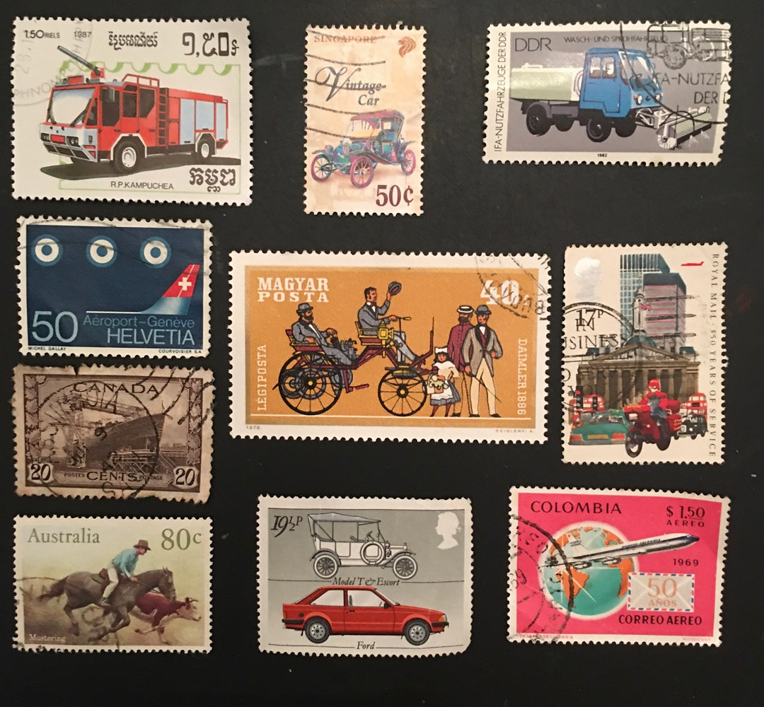 Vintage Worldwide Transport Postage Stamps Cars Trucks Aeroplanes Boat ...