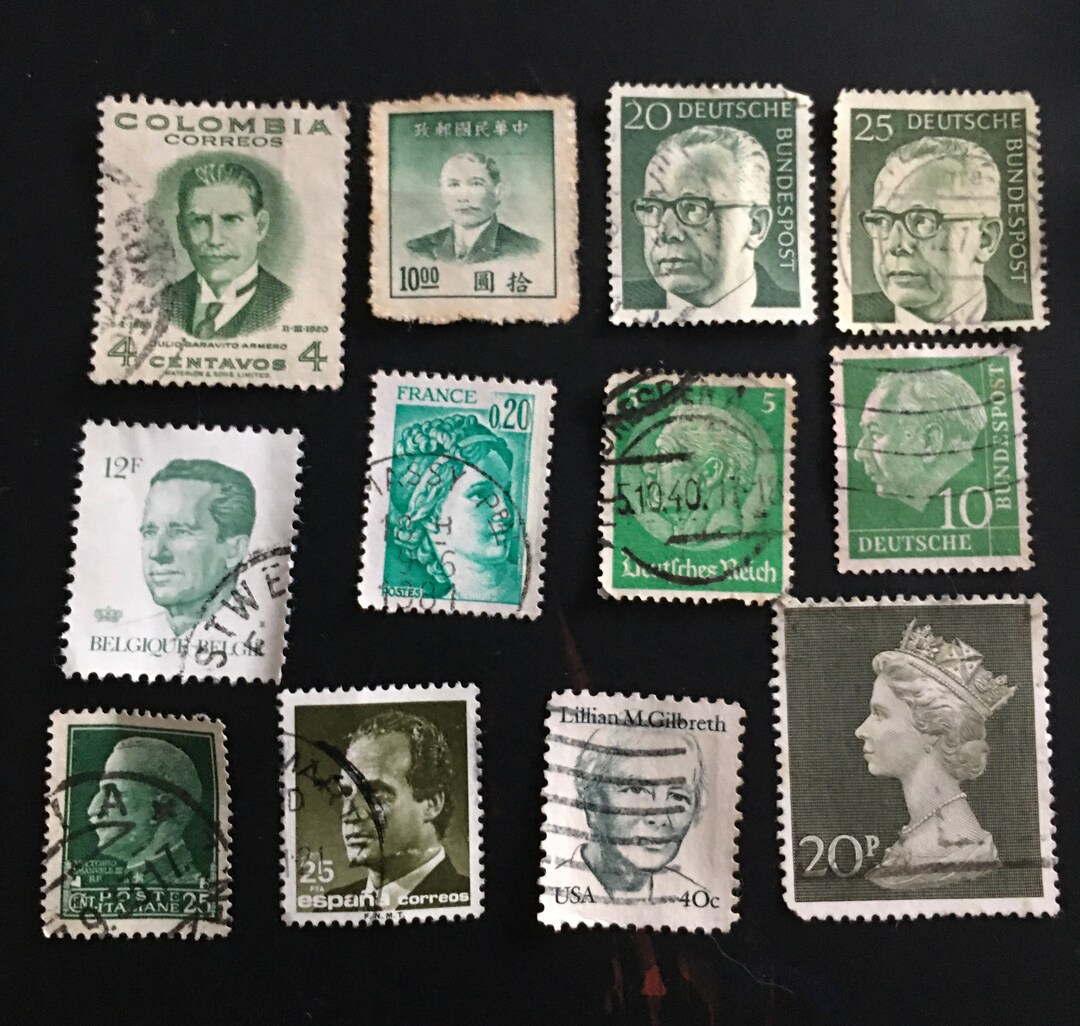 Shades of Green Postage Stamps 12 Used Stamps People Famous Faces ...
