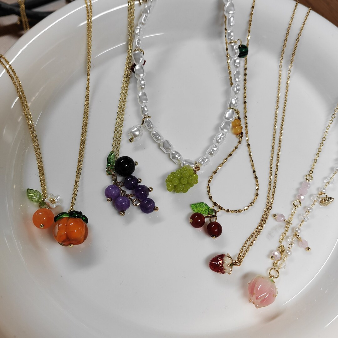 Strawberries Fruit Necklace, Summer Jewelry, Gold Plated Food Necklace ...
