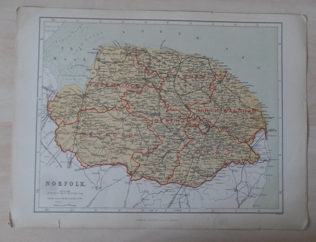 1886 Antique Original Norfolk County Map England English Counties ...