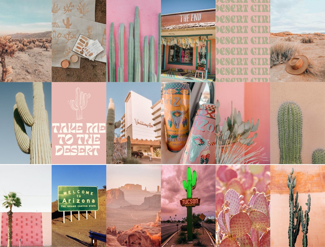 Pink Desert Aesthetic Wall Art Collage Kit, Cactus Photo Wall Collage ...