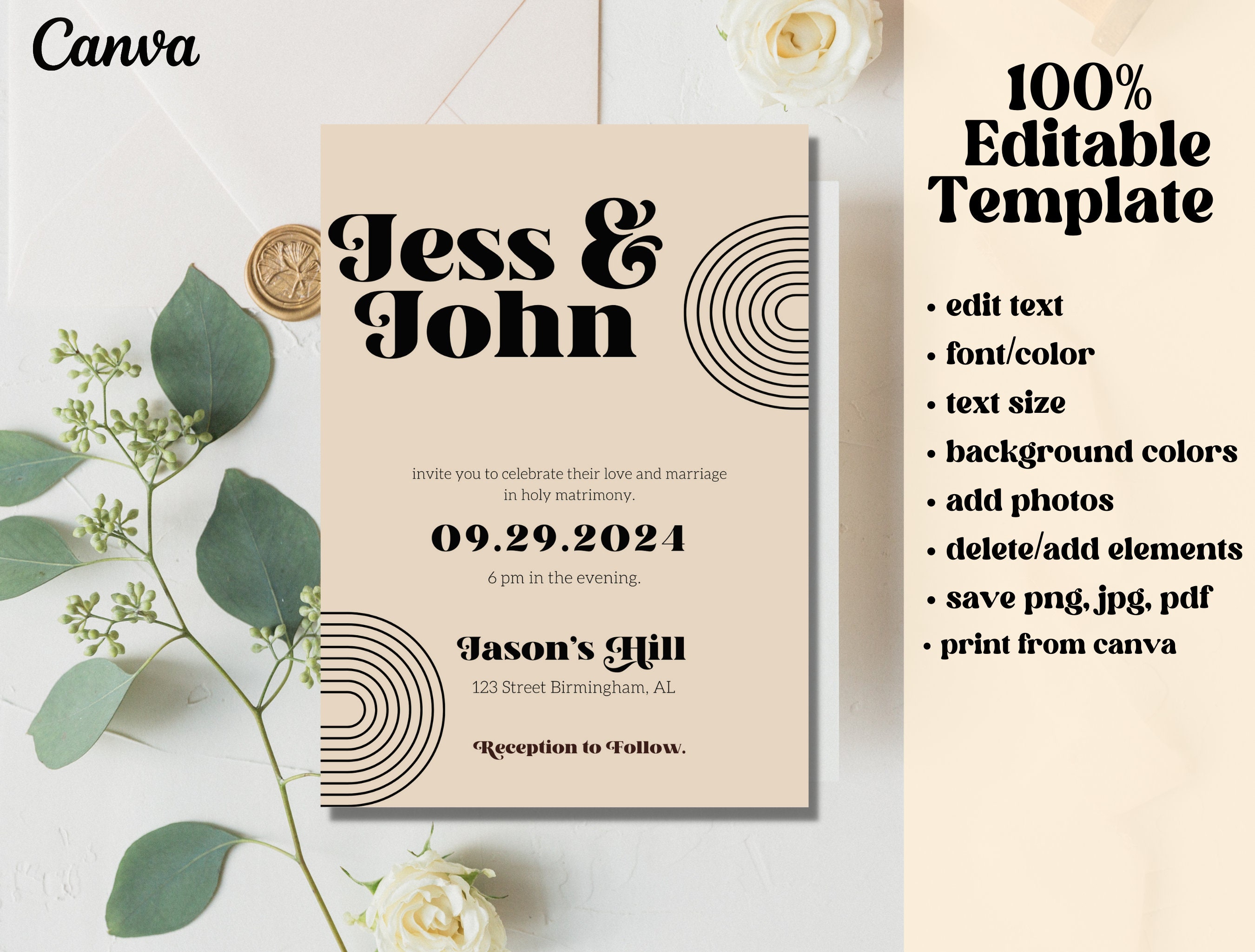 Retro Wedding Invitation Template Set, Typography Retro, Editable ...