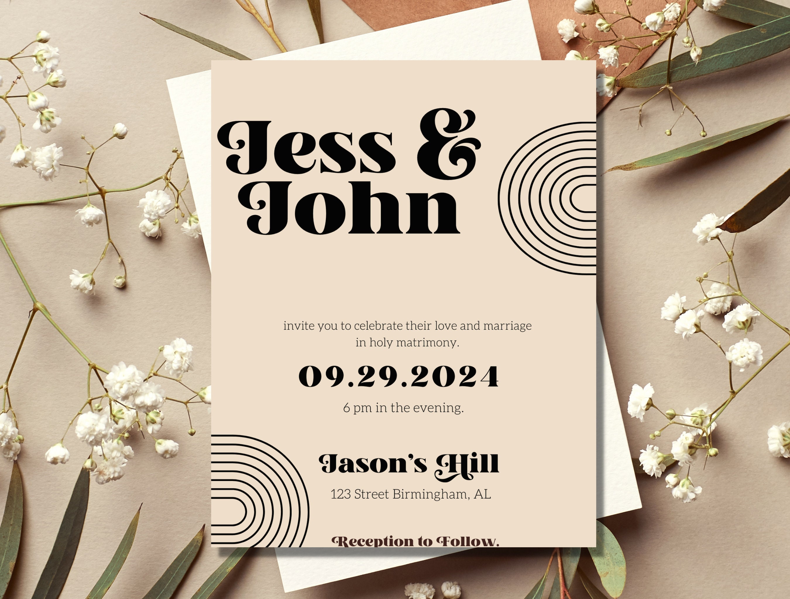 Retro Wedding Invitation Template Set, Typography Retro, Editable ...