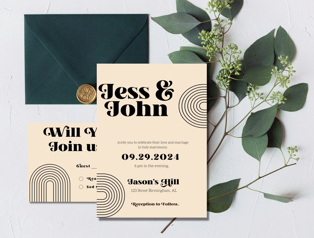 Retro Wedding Invitation Template Set, Typography Retro, Editable ...