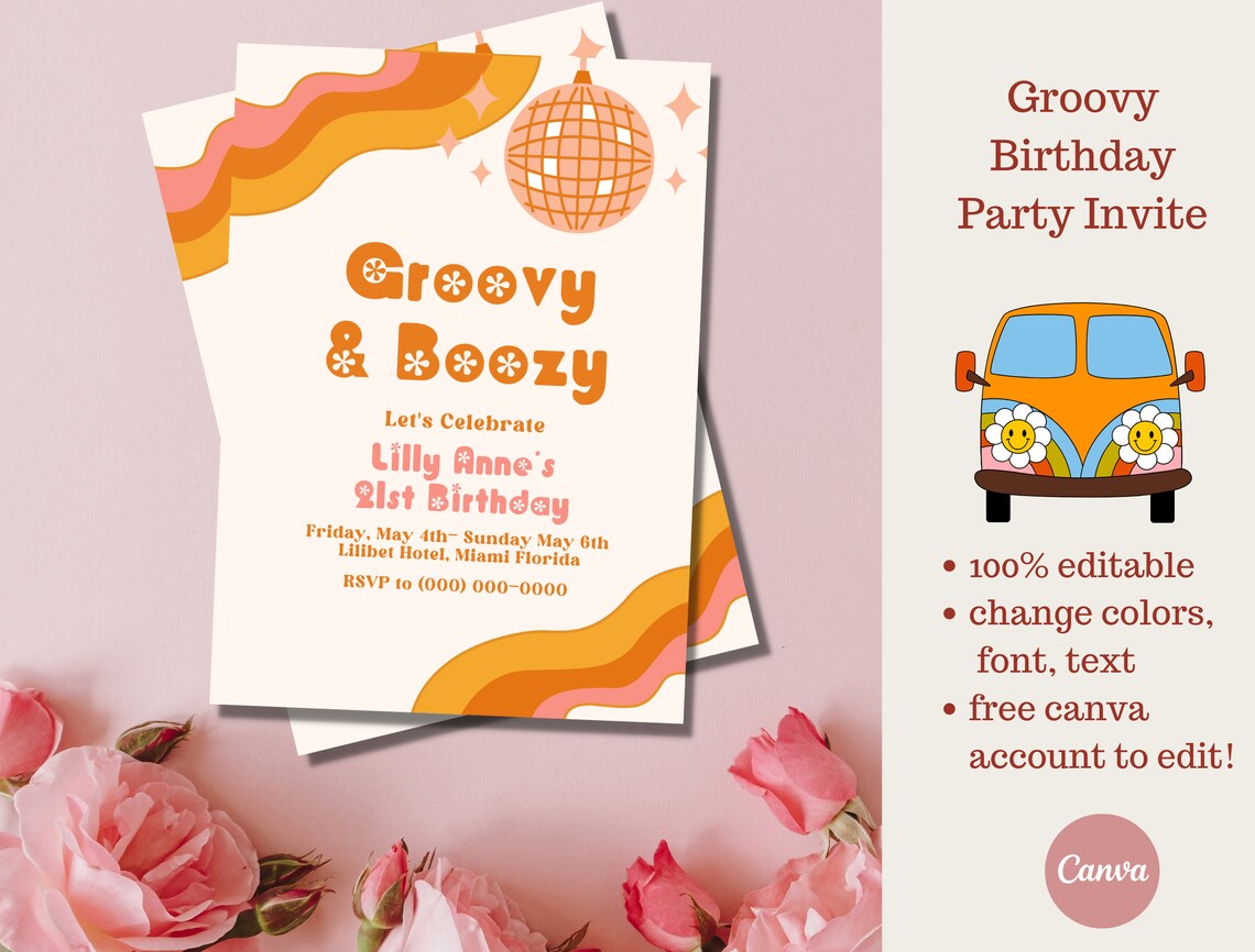 Retro 21st Birthday Invite Template, Groovy & Boozy, Pink Retro Party ...