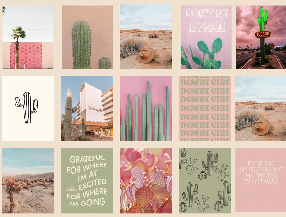 Pink Desert Aesthetic Wall Art Collage Kit, Cactus Photo Wall Collage ...