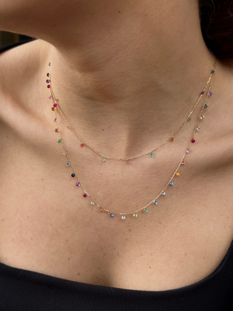 14k Solid Gold Diamond Cut Chain Dangling Gemstones Necklace, Bare Set ...