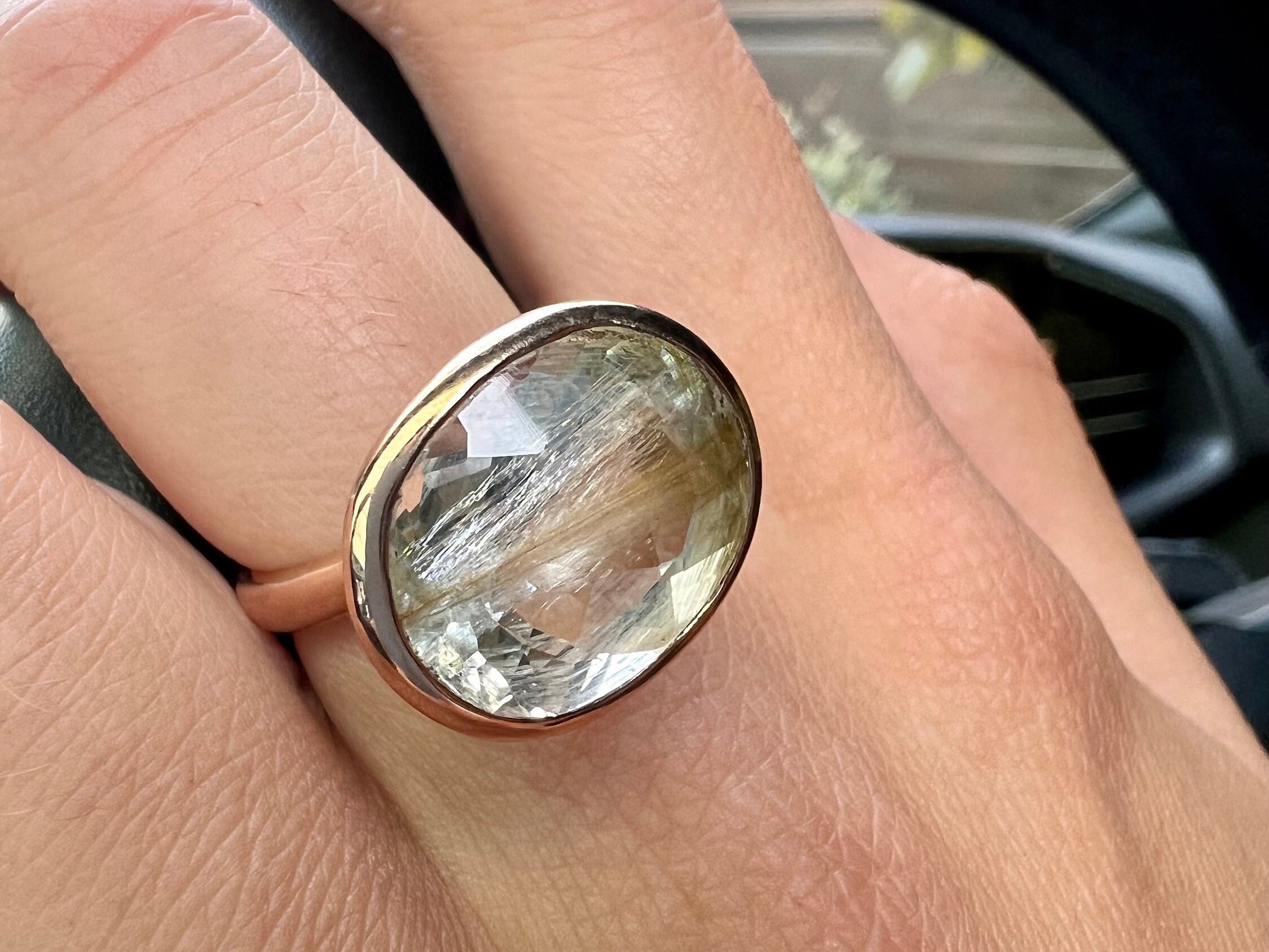 White Rutilated Topaz Ring, 12 Carat Polished Gem, 9k, 14k, 18k Solid ...