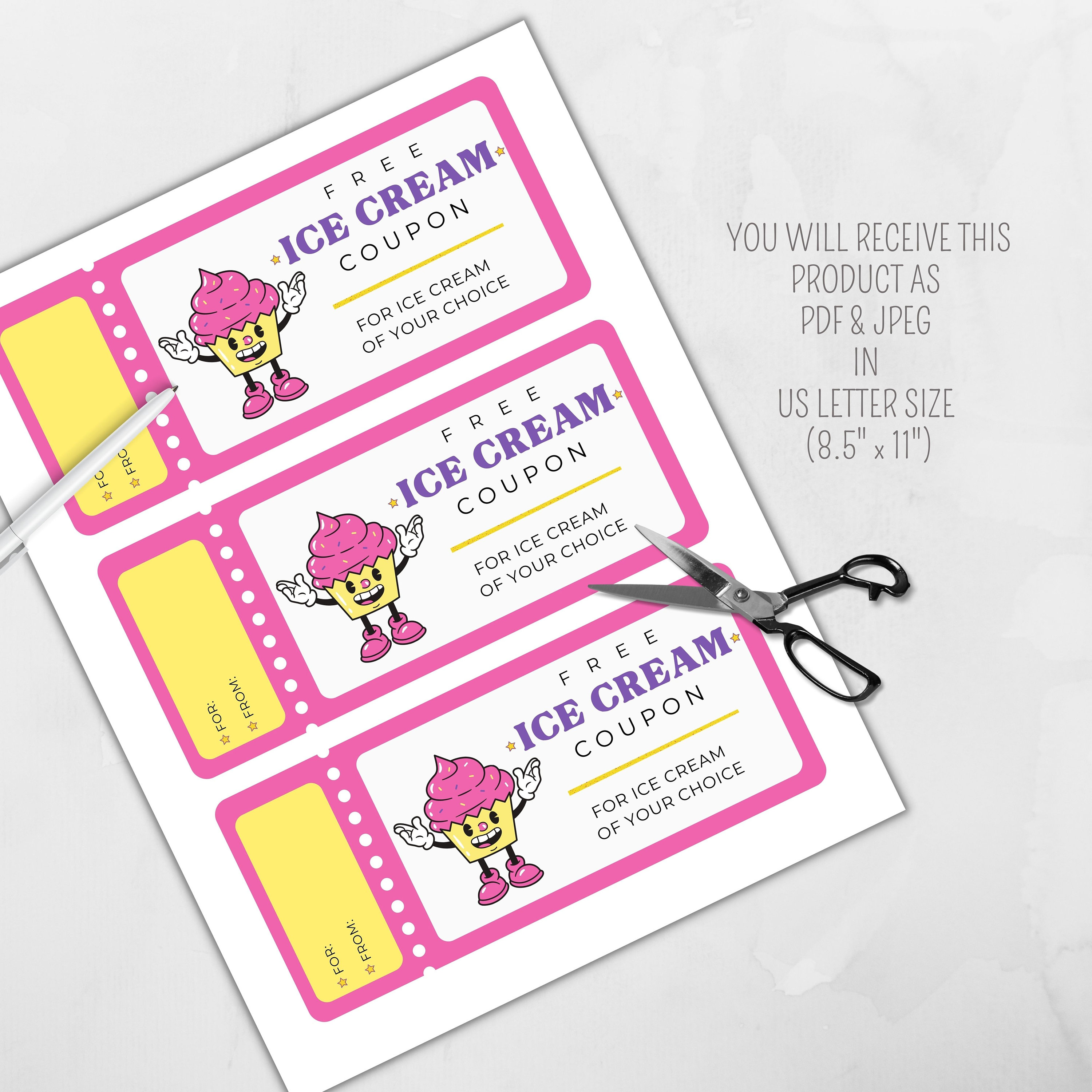 Gift Card Ice Cream Printable, Retro Gelato Ticket, Voucher Restaurant ...