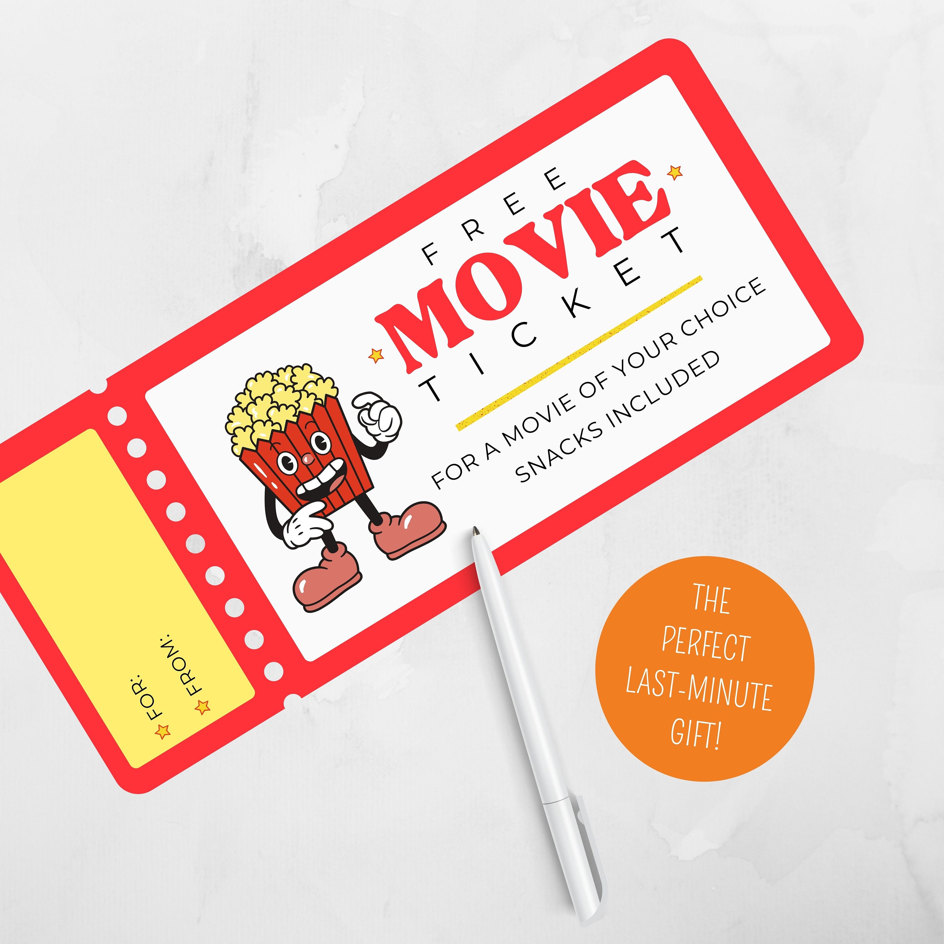 Gift Card Printable Movie Night, Retro Movie Ticket, Voucher Cinema ...