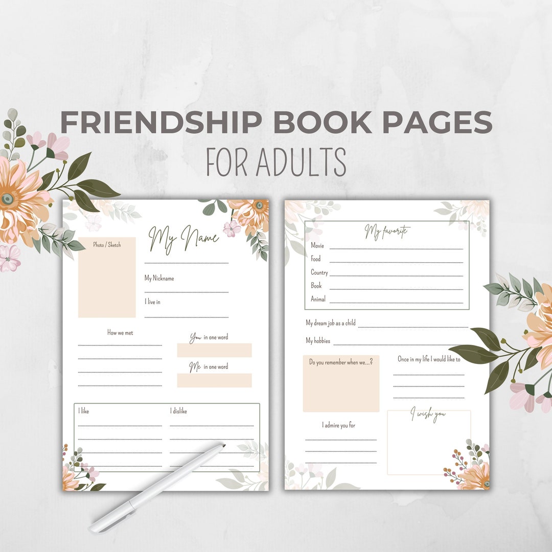 Friendship Book Pages for Adults, Customizable, Keepsake Book Flowers ...