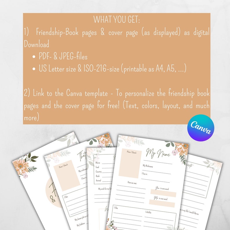 Friendship Book Pages for Adults, Customizable, Keepsake Book Flowers ...