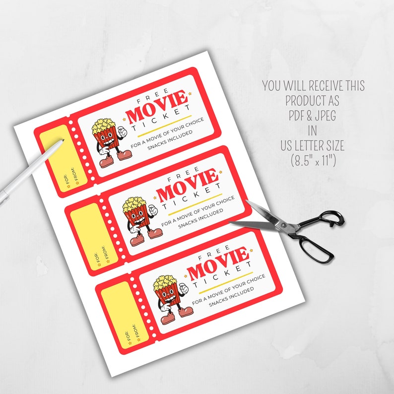 Gift Card Printable Movie Night, Retro Movie Ticket, Voucher Cinema ...