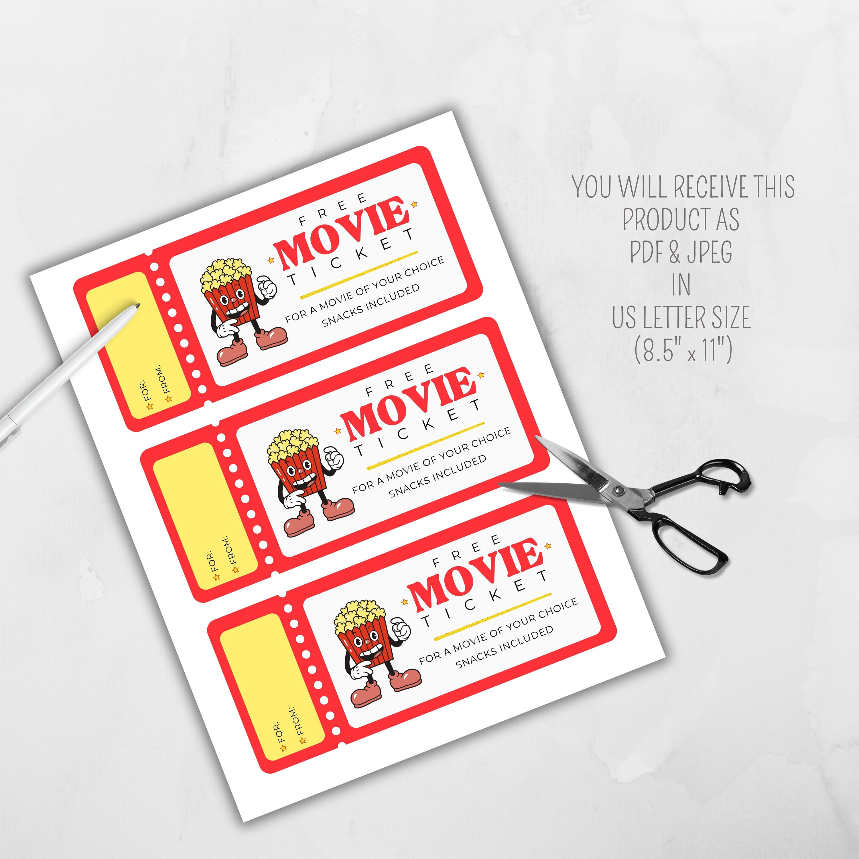 Gift Card Printable Movie Night, Retro Movie Ticket, Voucher Cinema ...