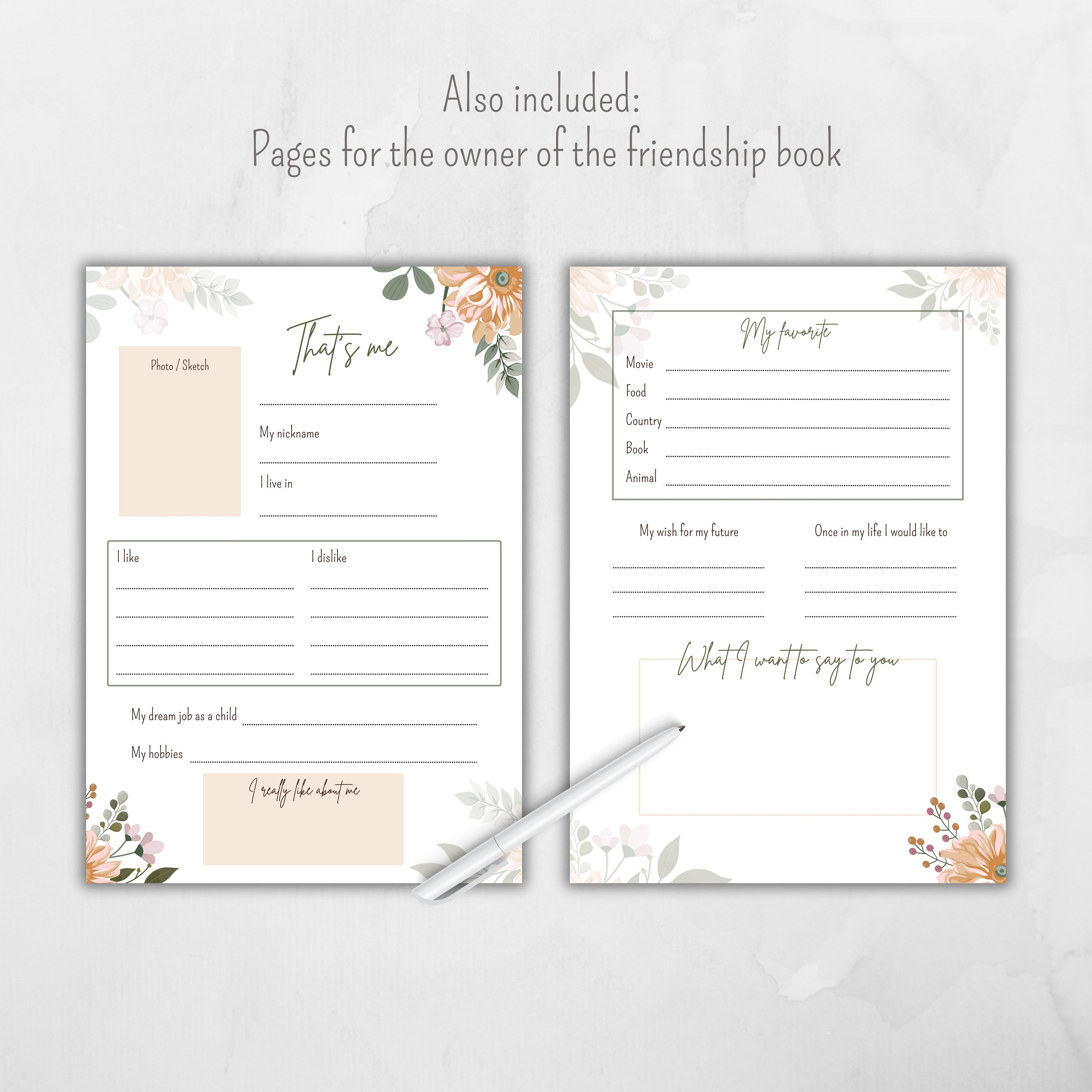 Friendship Book Pages for Adults, Customizable, Keepsake Book Flowers ...