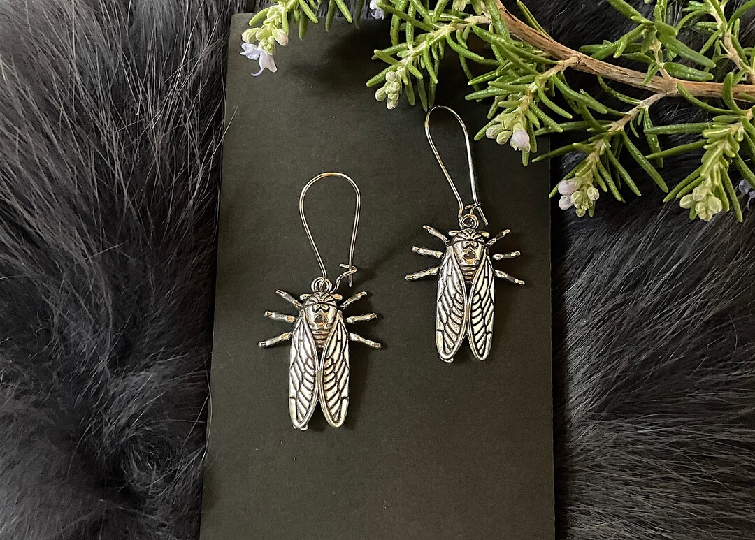 Small Antique Silver Tone Cicada Earrings, Handmade Insect, Steel ...