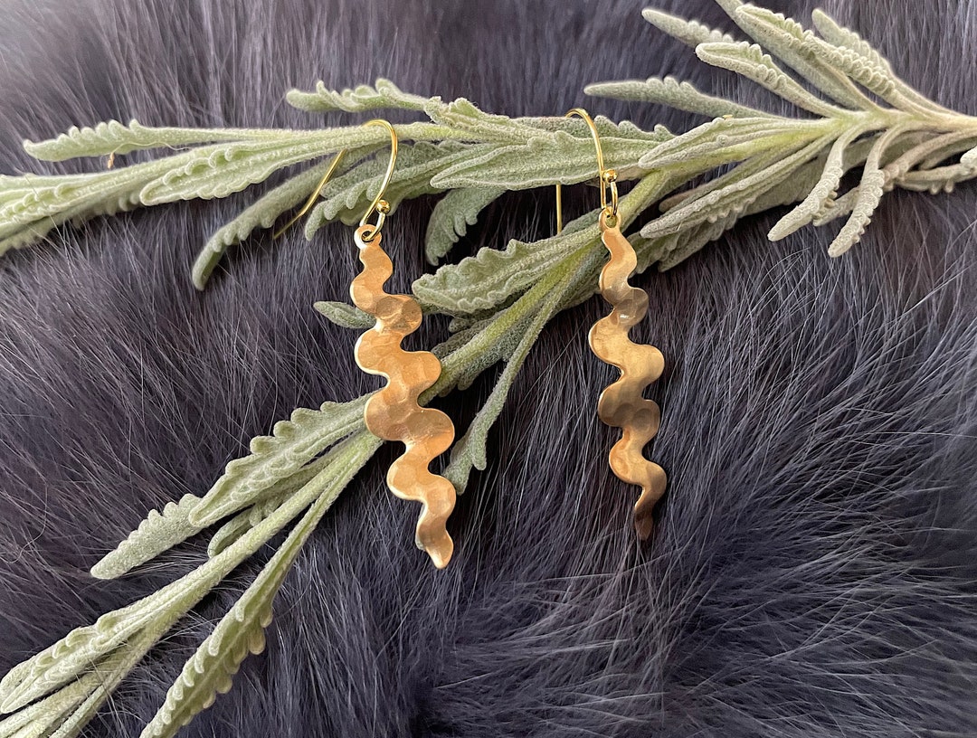 Long Hammered Wavy Squiggle Gold Brass Drop Earrings, Handmade, Gold ...
