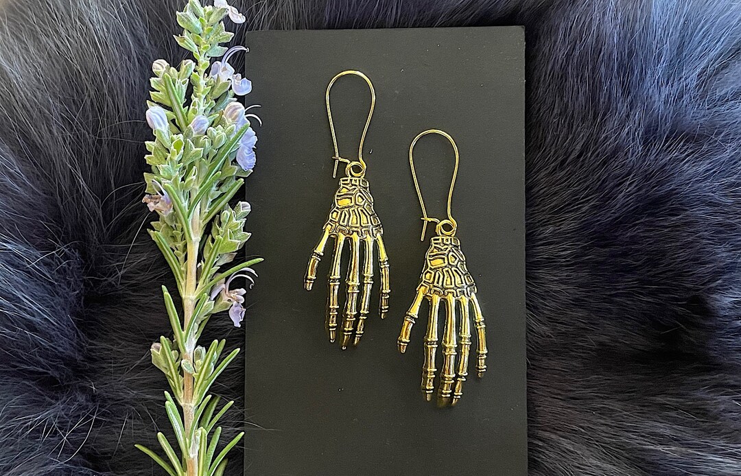 Gold Plated Skeleton Hand Earrings, Handmade Halloween, Gold Plated ...