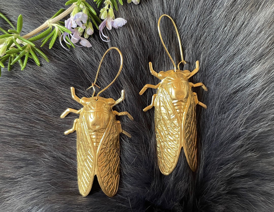 Giant Gold Brass Cicada Earrings, Handmade Insect, Gold Plated Kidney ...