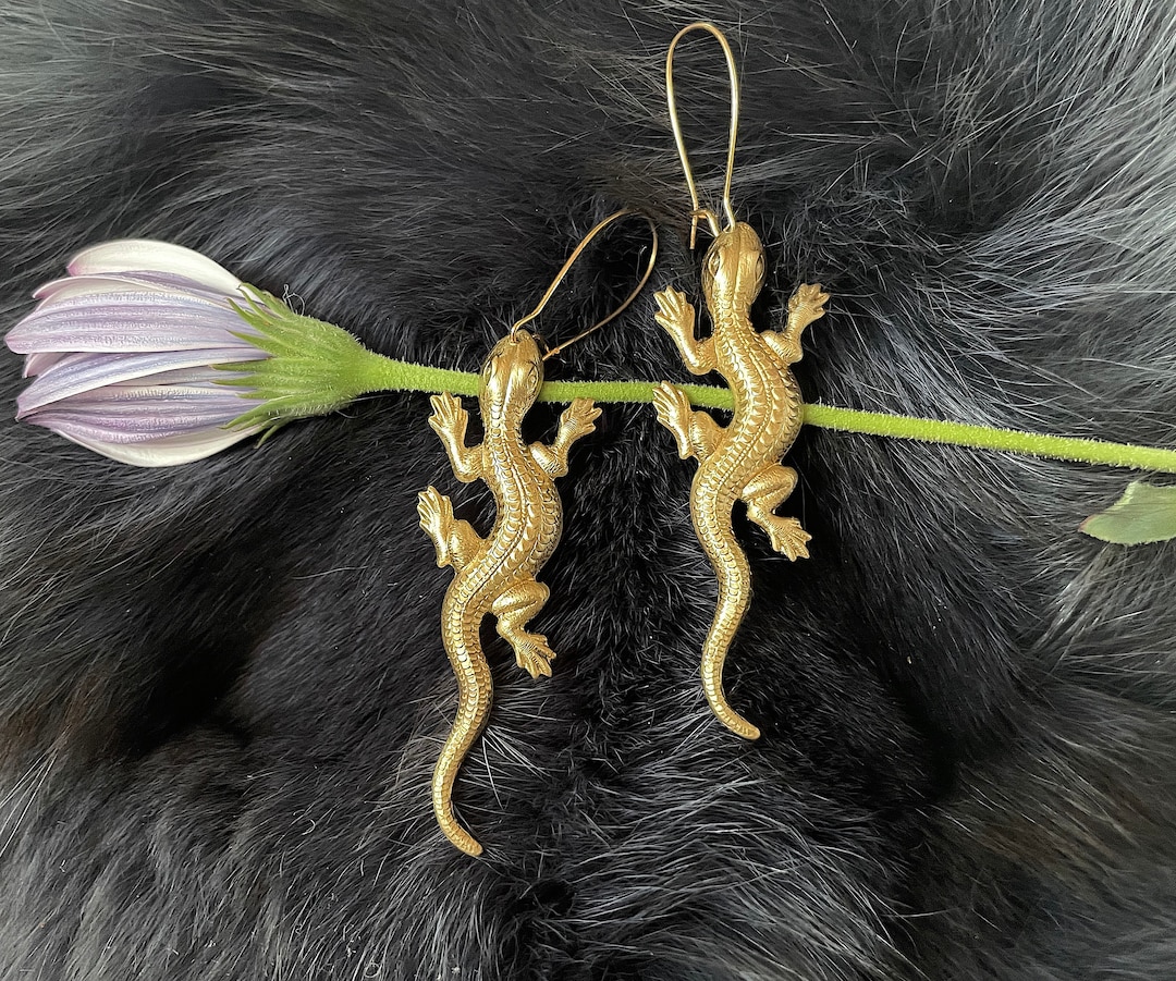 Large Gold Brass Lizard Earrings, Handmade Insect, Gold Plated Kidney ...