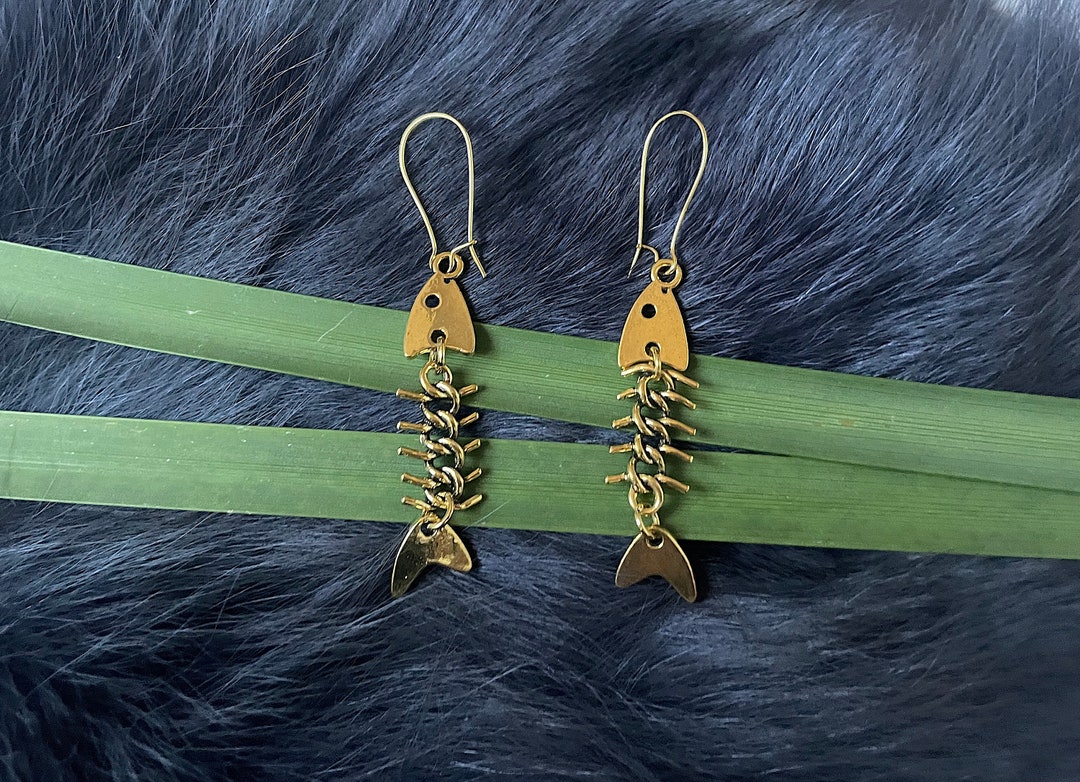 Large Gold Tone Fish Bone Earrings, Handmade, Gold Plated Kidney Ear ...