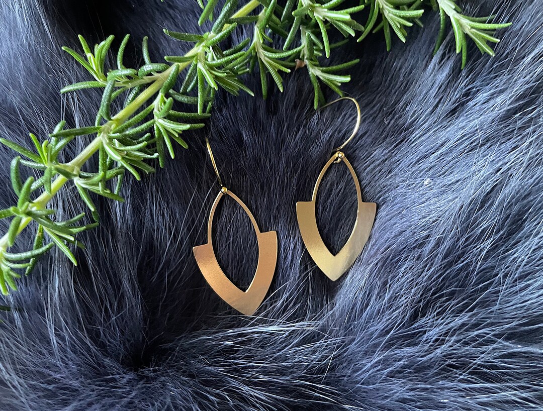 Long Geometric Gold Plated Almond Shape Earrings, Handmade, Gold Plated ...