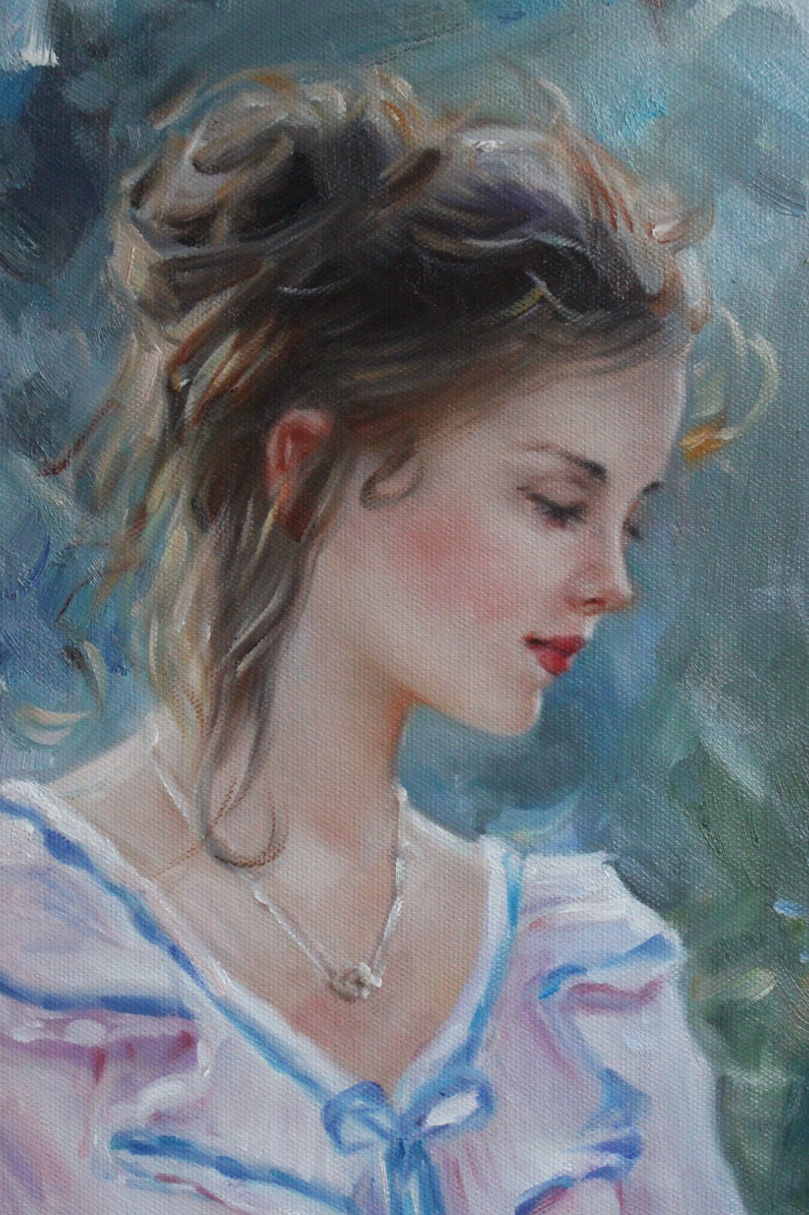 Rare Modern Art Beauty Girl Picking Flower Reproduction Painting Oil on ...