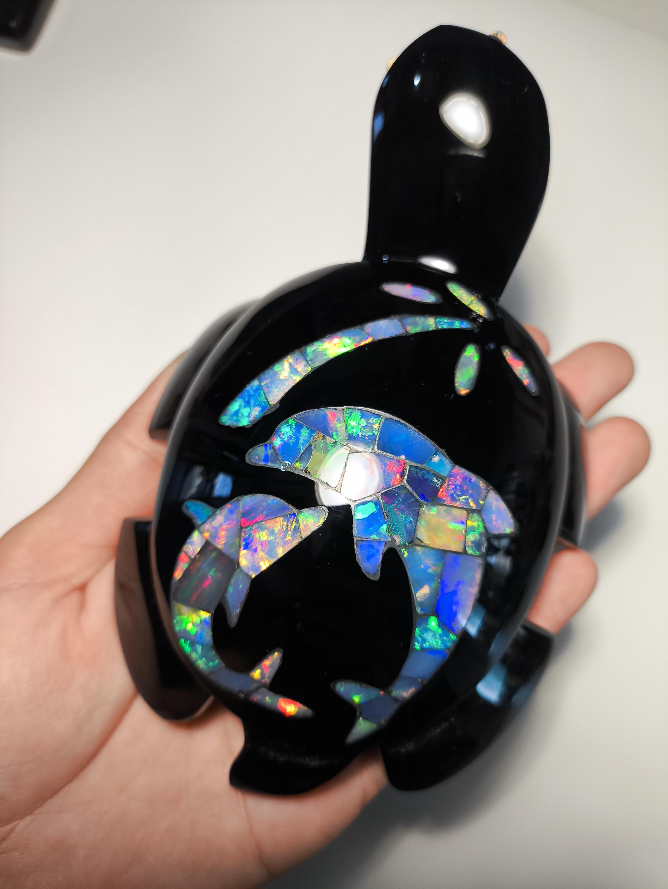 Beautiful black obsidian turtle inlaid with AAA-quality natural opal ...