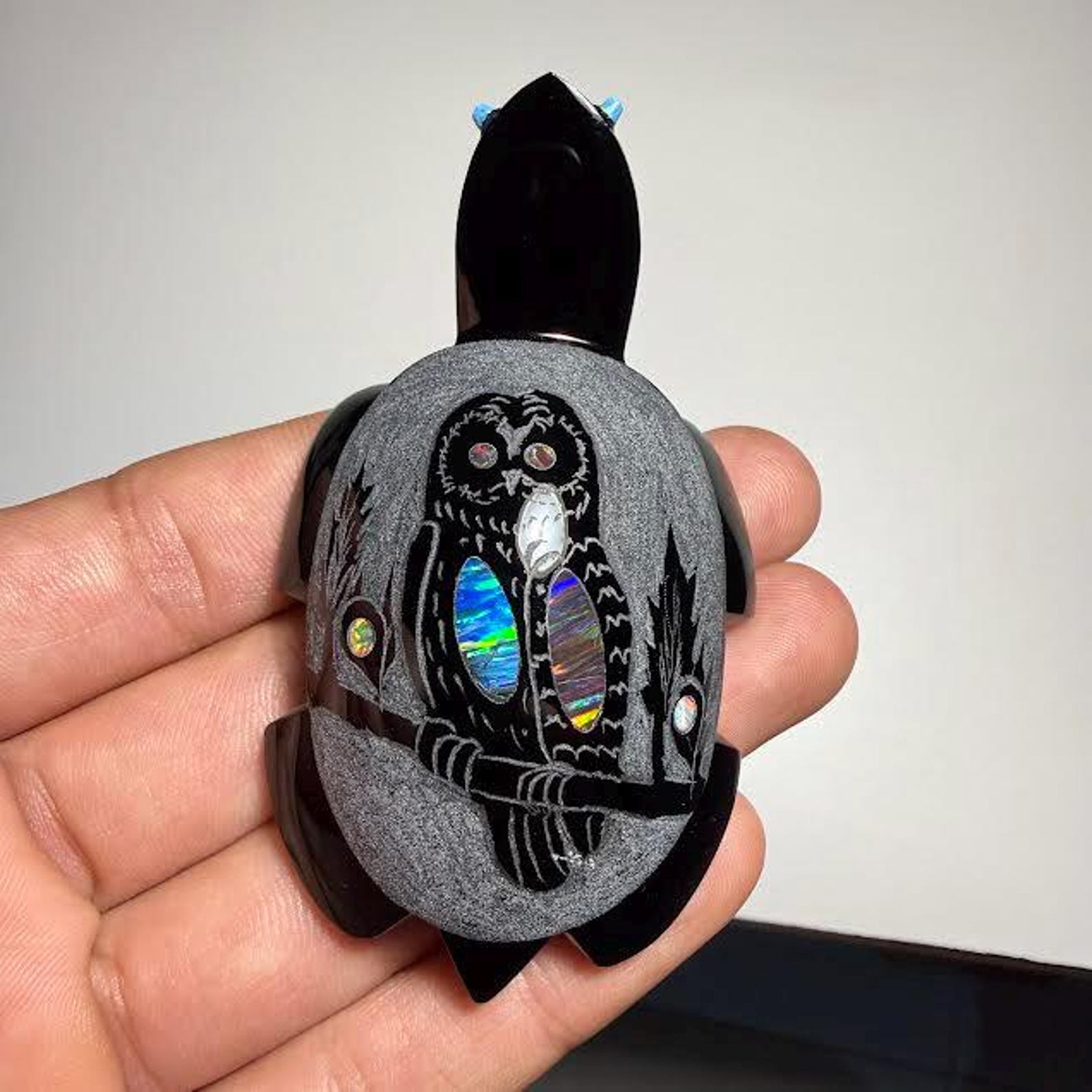 Beautiful black obsidian turtle inlaid with excellent quality opal ...