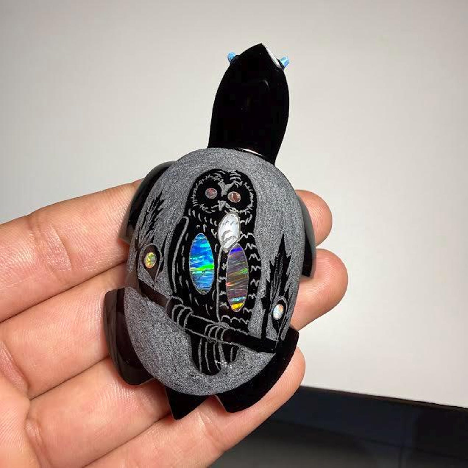 Beautiful black obsidian turtle inlaid with excellent quality opal ...