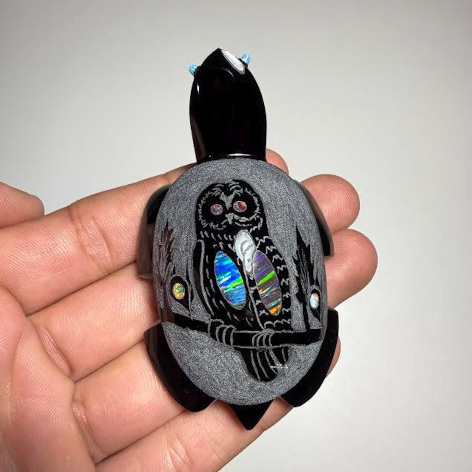Beautiful black obsidian turtle inlaid with excellent quality opal ...