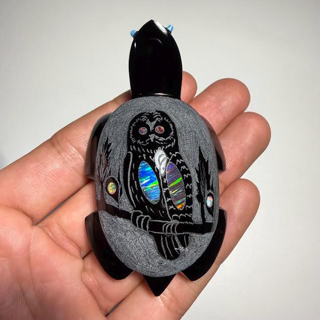 Beautiful black obsidian turtle inlaid with excellent quality opal ...