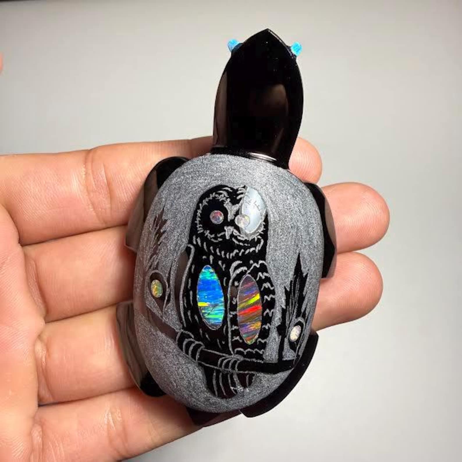 Beautiful black obsidian turtle inlaid with excellent quality opal ...