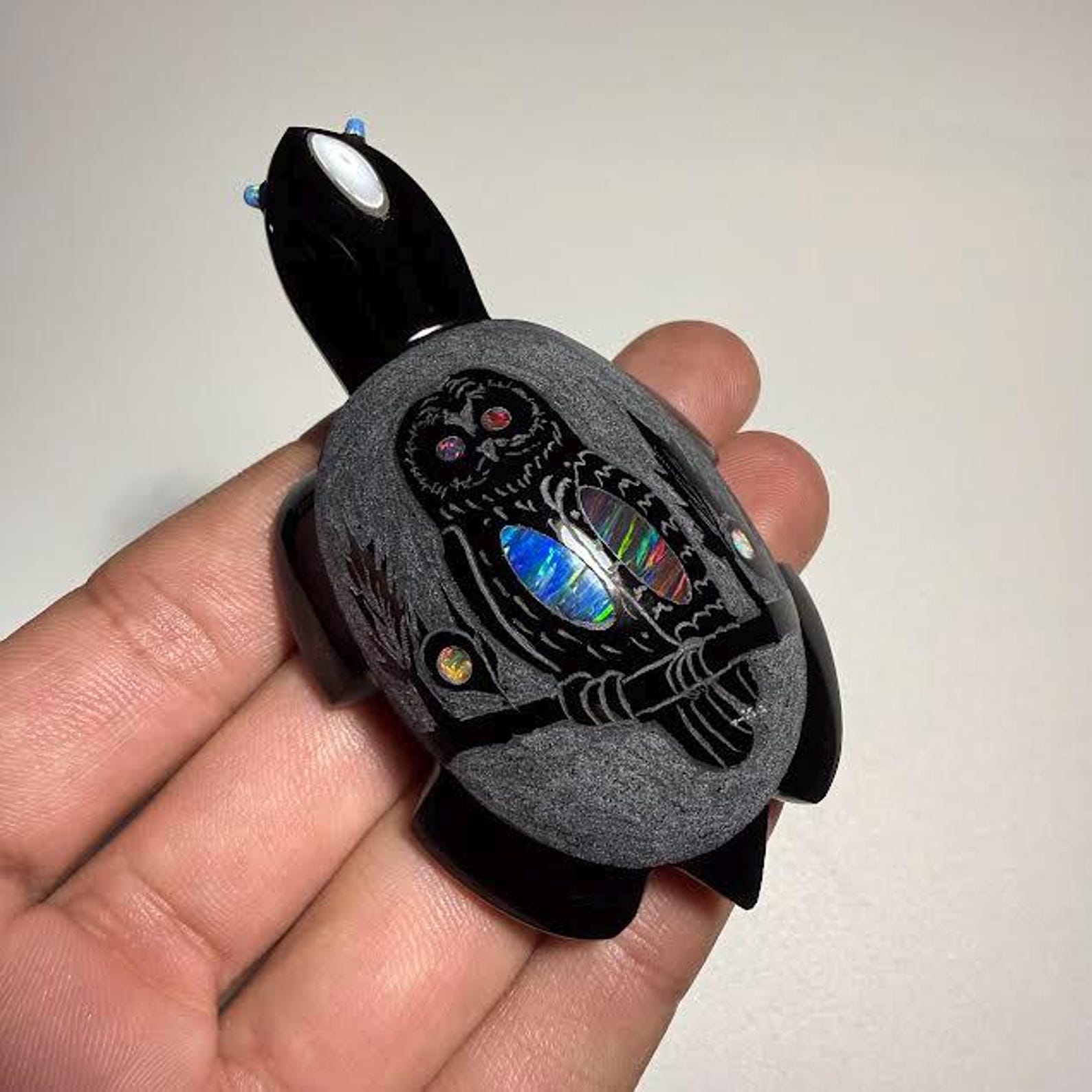 Beautiful black obsidian turtle inlaid with excellent quality opal ...