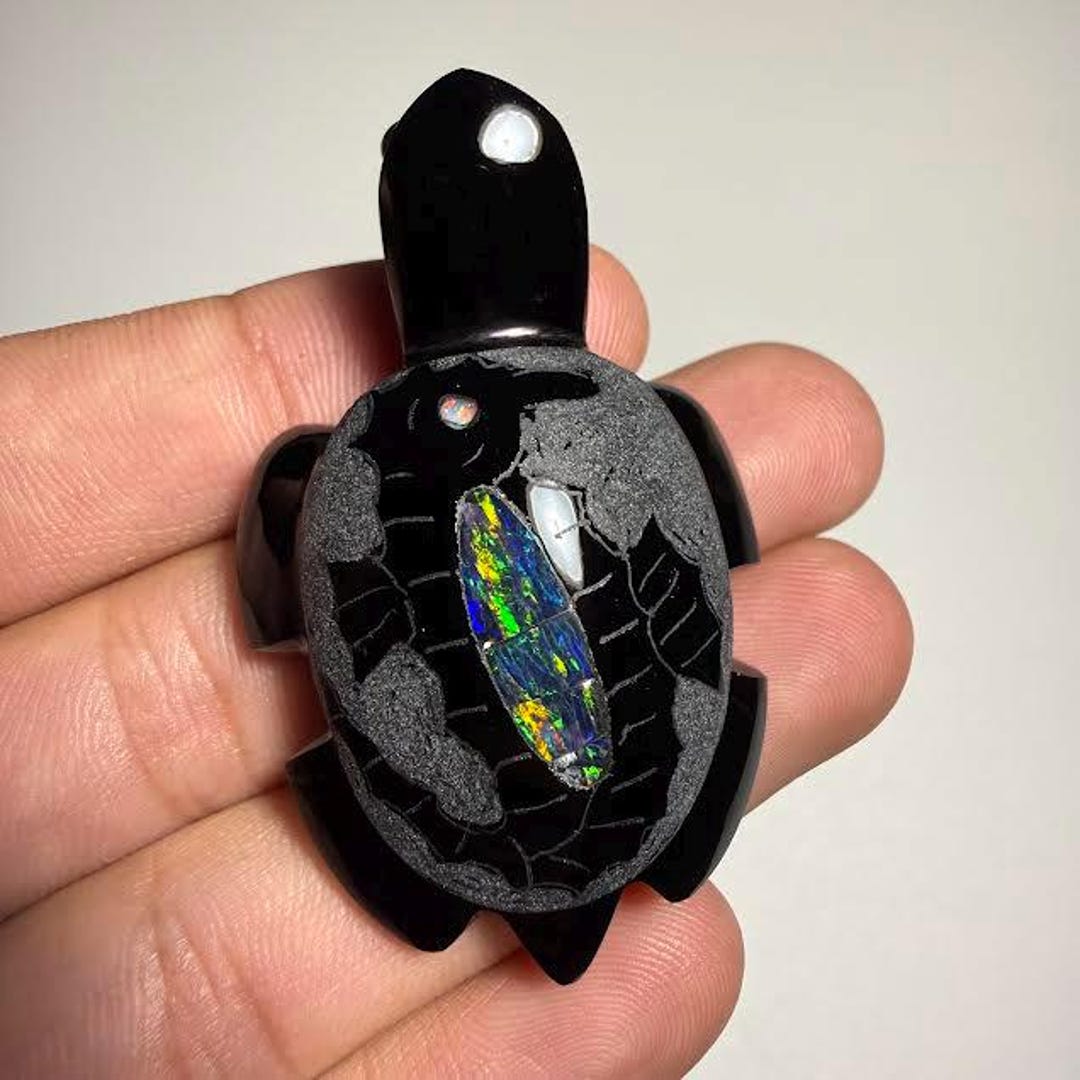 Beautiful Black Obsidian Turtle Inlaid With Excellent Quality Opal ...
