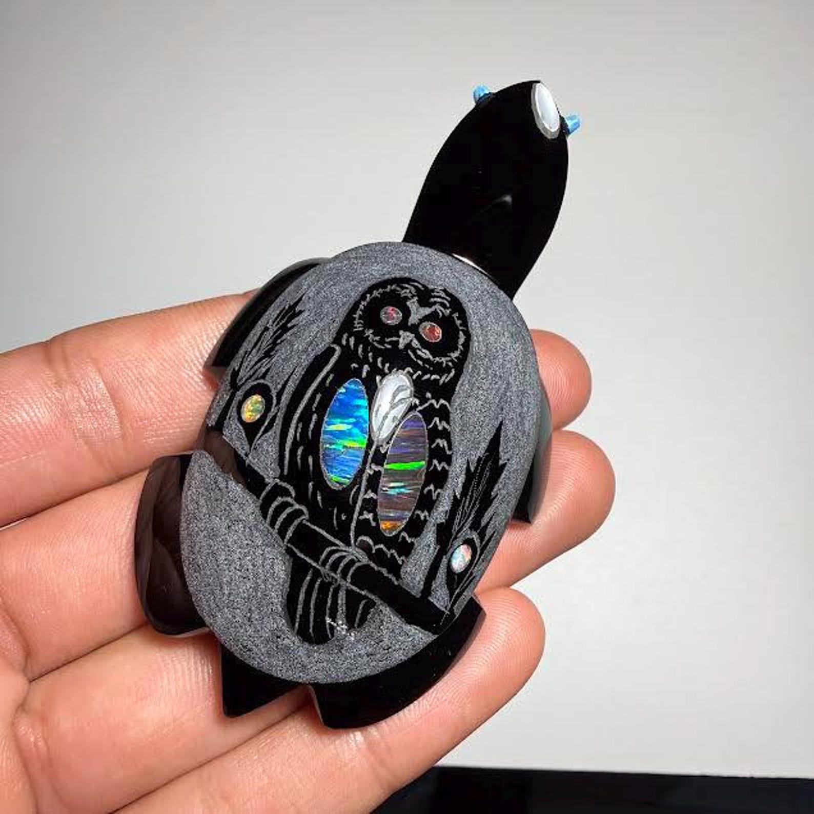 Beautiful black obsidian turtle inlaid with excellent quality opal ...