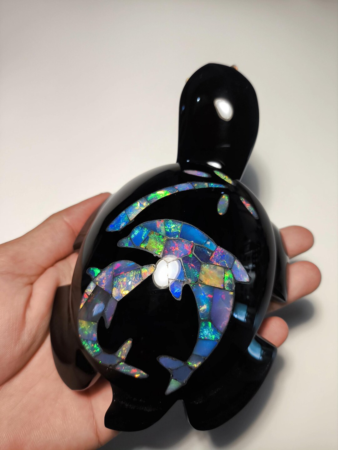 Beautiful Black Obsidian Turtle Inlaid With Aaa-quality Natural Opal ...