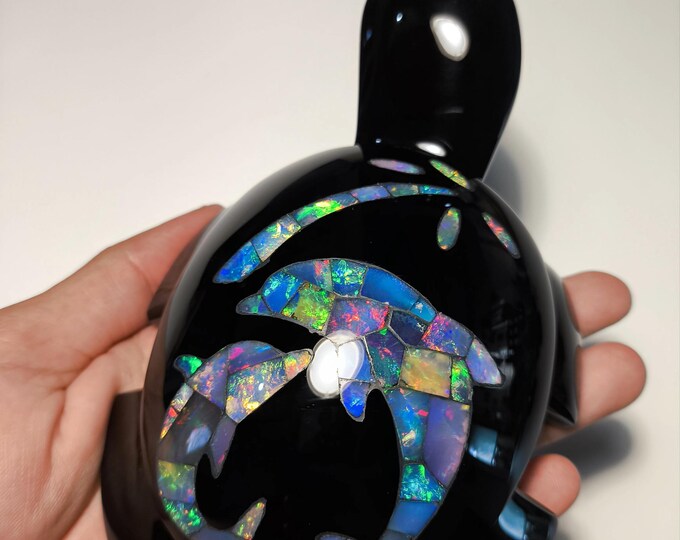 Beautiful Black Obsidian Turtle Inlaid With Aaa-quality Natural Opal ...