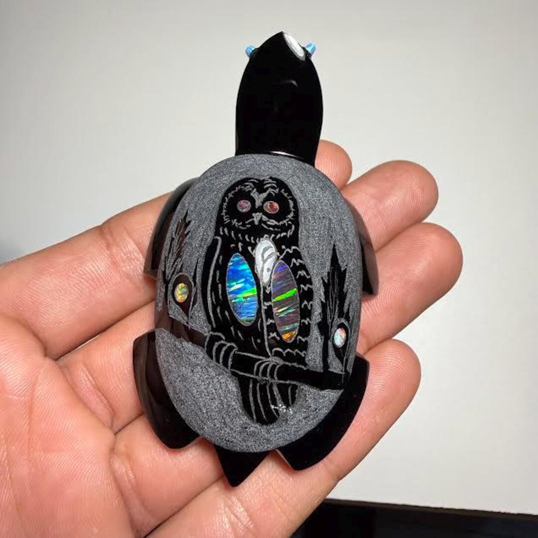 Beautiful black obsidian turtle inlaid with excellent quality opal ...