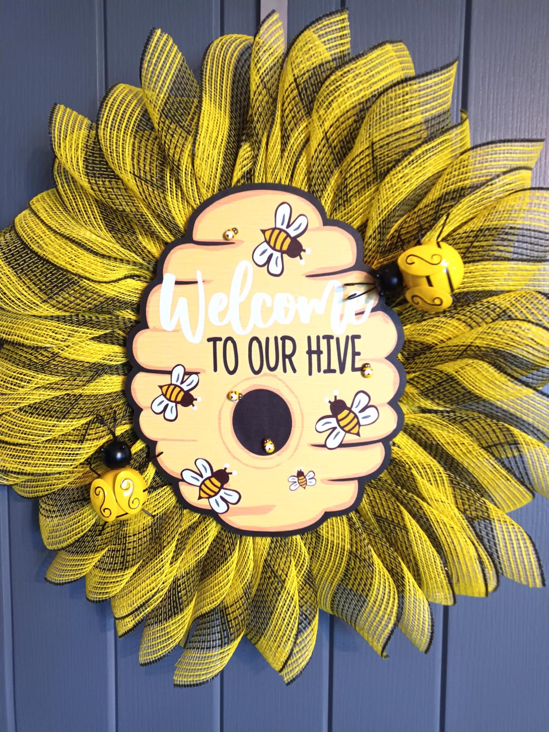 Bee Themed Welcome Wreath for Front Door Yellow and Black Deco Mesh and ...
