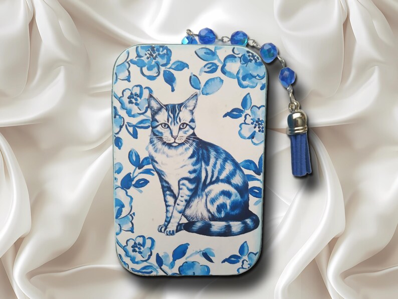 Chinoiserie Cat Trinket Box: Blue & White Decoupage Tin, Beaded Tassel ...