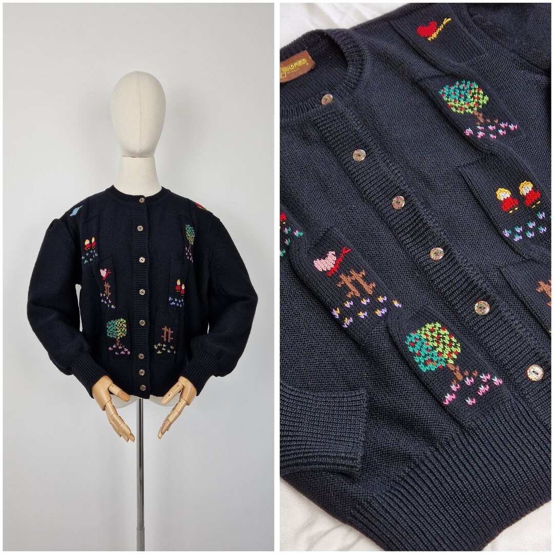 Vintage Black Cottagecore Puff Sleeves Embroidered Wool Cardigan - Etsy