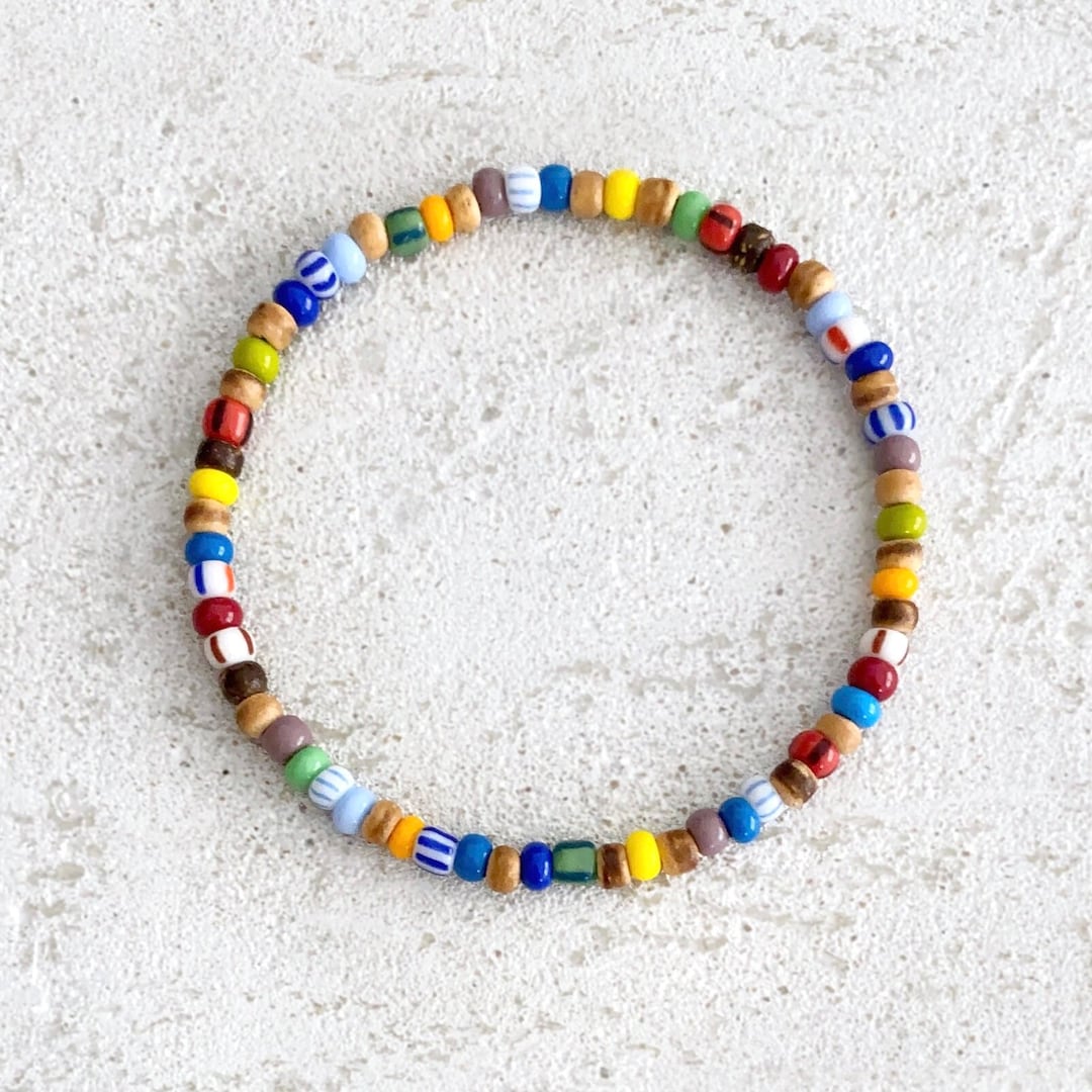 Mens Multicolor Beaded Bracelet: Coconut Wood & Glass Beads, Stretchy ...