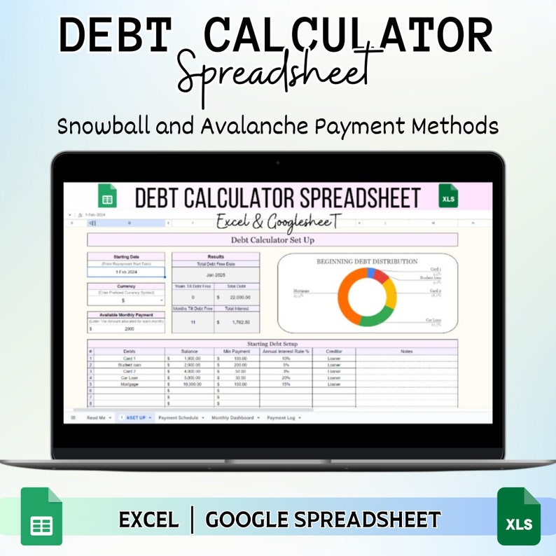 Debt Payoff Tracker Spreadsheet, Google Sheets Microsoft Excel, Student ...