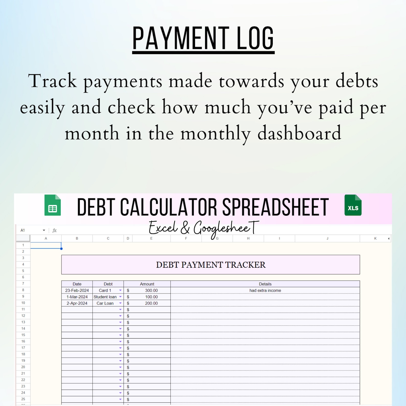 Debt Payoff Tracker Spreadsheet, Google Sheets Microsoft Excel, Student ...
